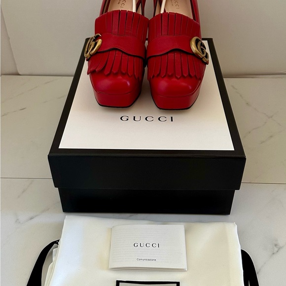 Gucci | Shoes | Authentic Gucci Leather Hibiscus Red Marmont Platform ...